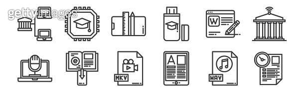 12 set of linear elearning icons. thin outline icons such as exam ...