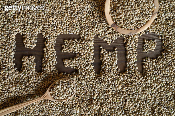 letters hemp on a background of hemp seeds and rustic wooden spoon and ...