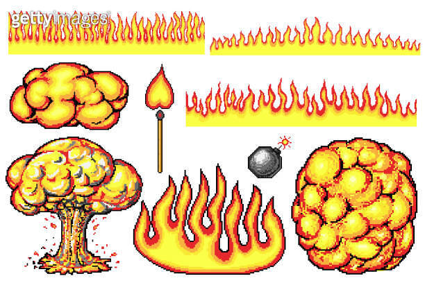 Nuclear explosion. Pixel art 8 bit fire objects. Mushroom cloud. Game ...