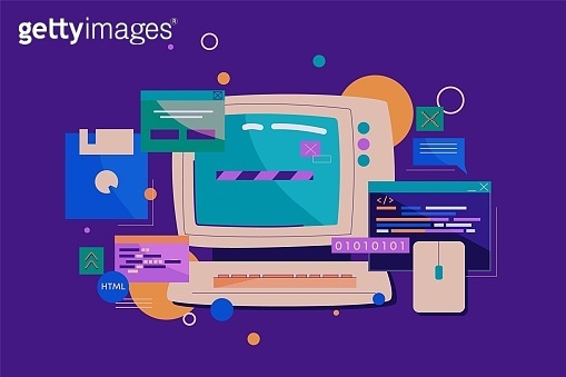 Programming on retro computer. Old pc with convex monitor wheel mouse ...