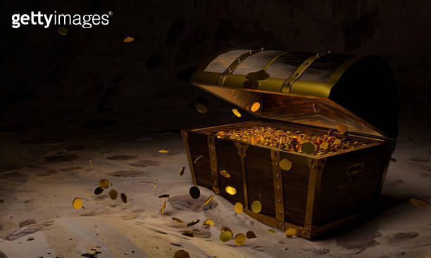 Golden Coins in the Ancient and vintage treasure chest made of wooden ...