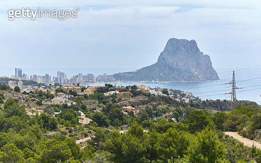 Aerial view Calpe and rocky mountain Penyal d'Ifac Natural Park ...