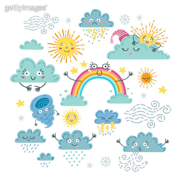 Cute weather set. A forecast meteorology symbols 이미지 (1219263266) - 게티이미지뱅크