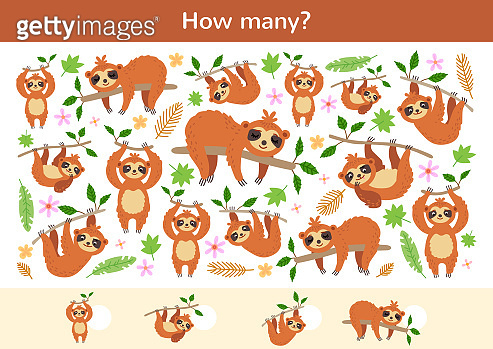 Counting children game of cartoon sloths. 이미지 (1221277956) - 게티이미지뱅크