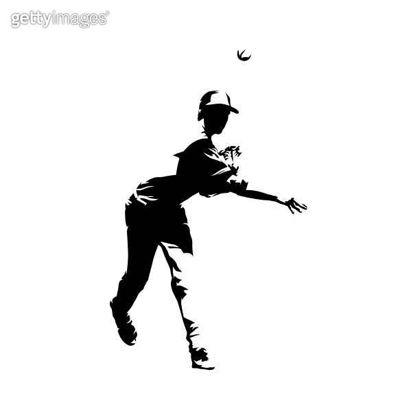 Baseball player throwing ball, isolated vector silhouette. Ink drawing ...