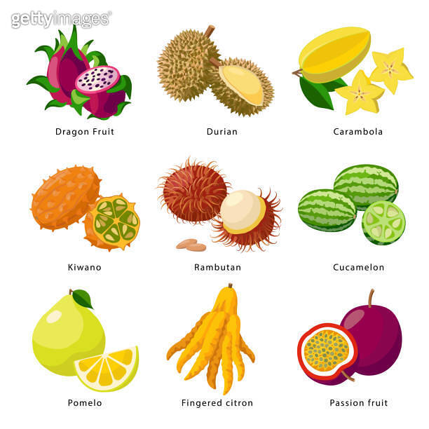 Exotic fruits - icon set, vector detailed illustrations isolated on ...