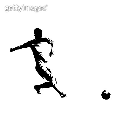 Soccer player passing ball, isolated vector silhouette, ink drawing ...
