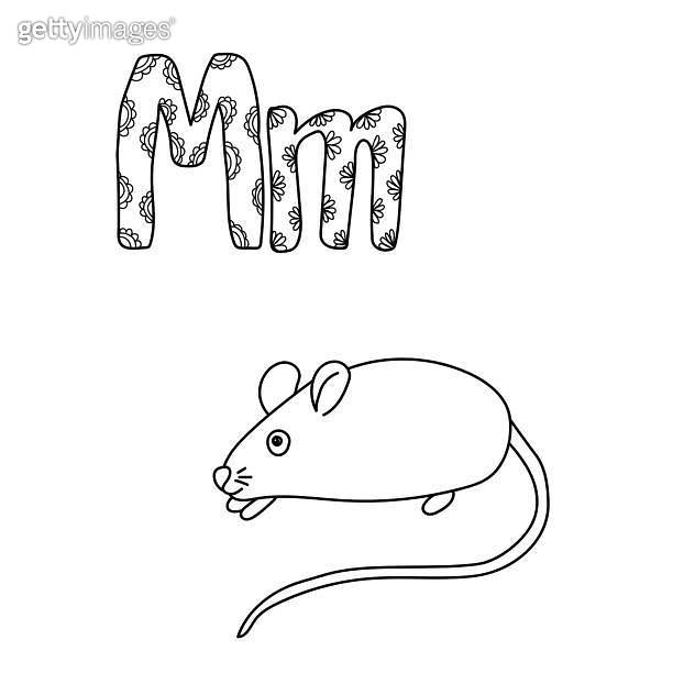 Coloring page for study letter M, outline illustration of mouse and ...