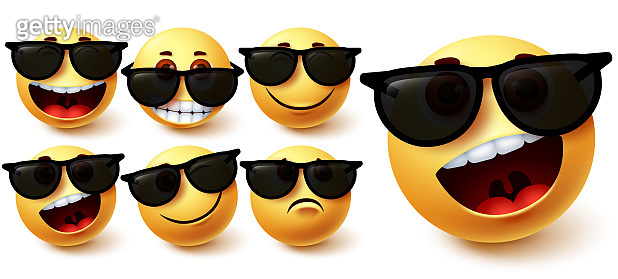 Smiley in sunglasses vector set. Smileys emoji character wearing ...
