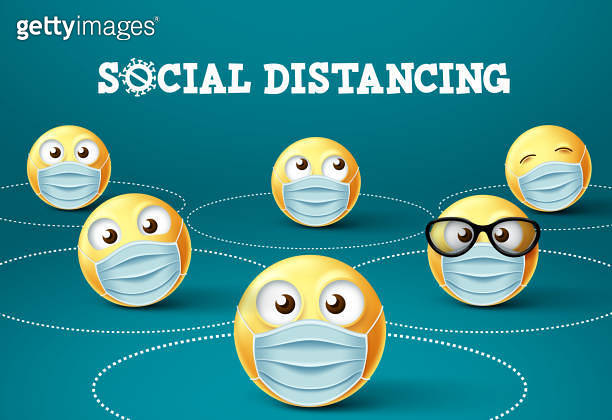 Emoticon social distancing with face mask vector sign. Social distance ...