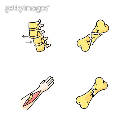 Body part injuries RGB color icons set. Spinal vertebra, spine ...