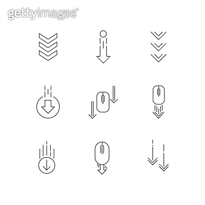 Scrolling down arrows pixel perfect linear icons set. Web cursor. PC elements, indicators ...