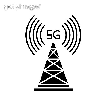 5G cell tower black glyph icon. Wireless technology. Fast connection ...