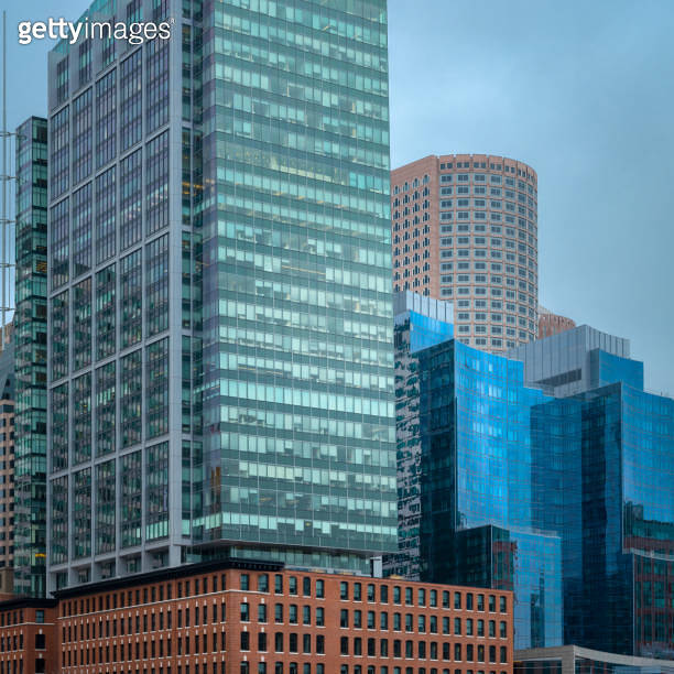 Skyscrapers of contrasting sizes and colors in downtown Boston ...