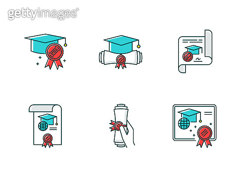 Diploma RGB color icons set. Internationally accepted school ...