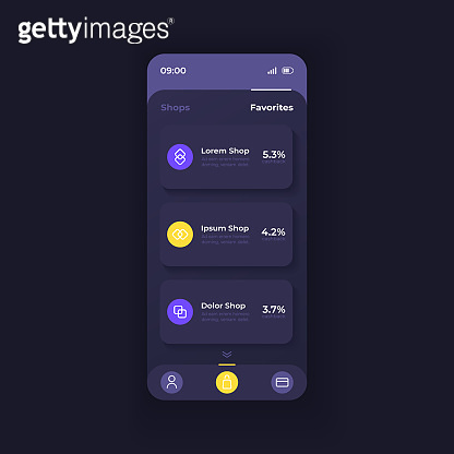 E shopping application smartphone interface vector template. Mobile app page dark theme design ...
