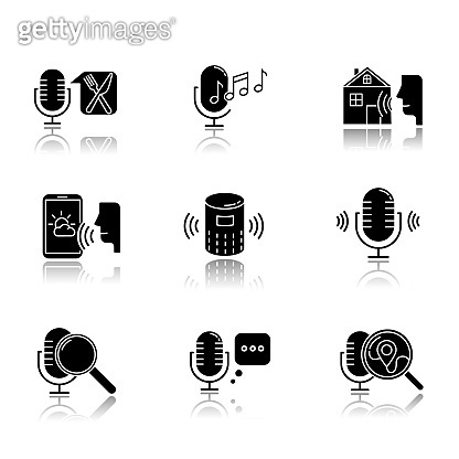 Voice control system drop shadow black glyph icons set. Sound requests ...