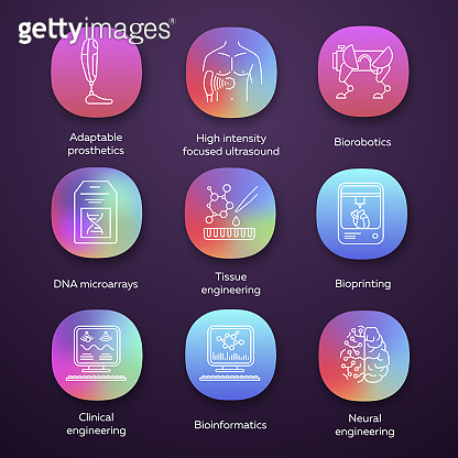 Bioengineering app icons set. Biotechnology. Molecular biology ...