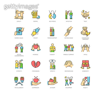 Friendly relationship RGB color icons set. Strong friendship and ...