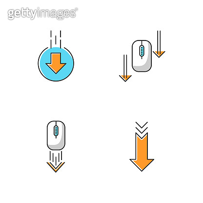 Computer mouse and arrowheads RGB color icons set. Scrolling down and uploading indicators ...