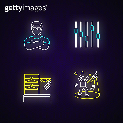 Nightclub neon light icons set. Face control, night club discotheque ...