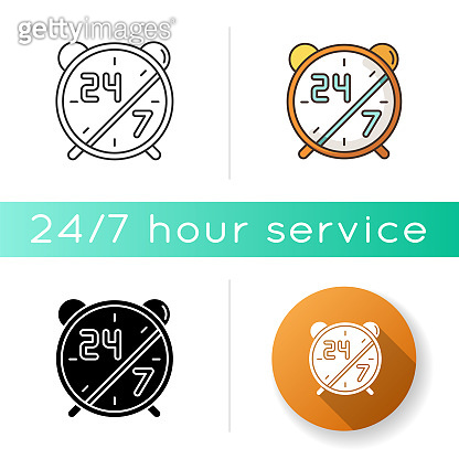 24 7 hours service icon. Alarm clock for highly available center ...