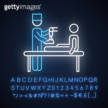 Prosthetics neon light icon. Medical procedure. Doctor, patient ...