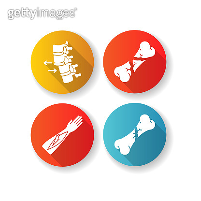 Body part injuries flat design long shadow glyph icons set. Spinal ...
