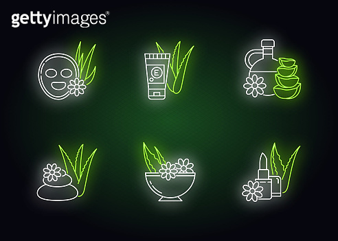 Aloe vera neon light icons set. Cosmetology. Spa treatment. Facial mask ...