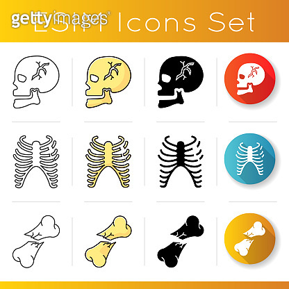 Body part injuries icons set. Rib, bone fracture. Broken skull. Medical ...