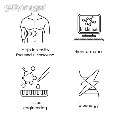 Biotechnology linear icons set. Bioengineering. HIFU, bioinformatics ...