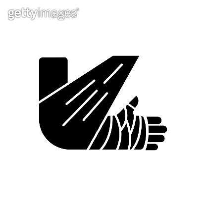 Bone fracture black glyph icon. Injured arm in plaster. Wounded limb in ...