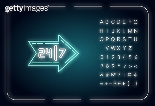 Arrow sign neon light icon. Around the clock marketing service. Open ...
