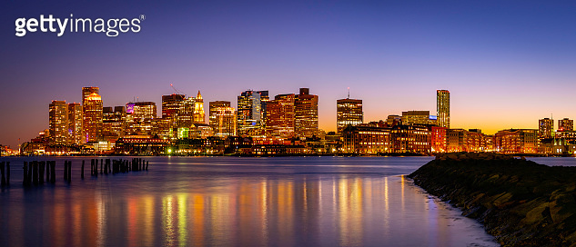 Panoramic Night Cityscape Boston Skyline and Sea Reflections from ...