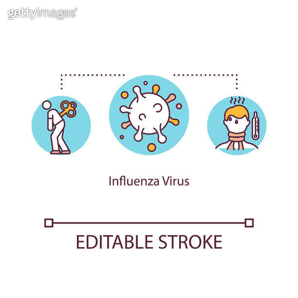 Influenza virus concept icon. Man with fever. H1N1 microorganism ...