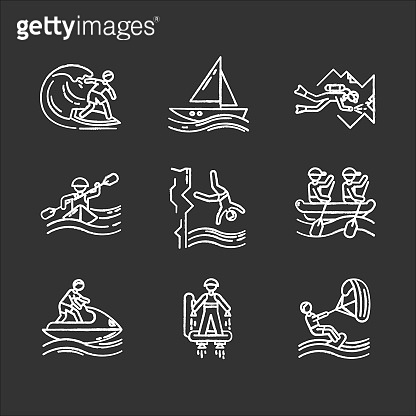 Watersports chalk icons set. Cave diving, surfing, flyboarding and ...