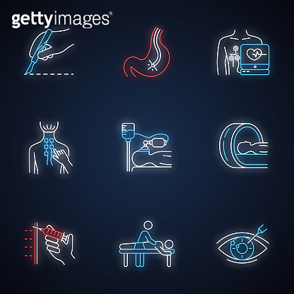 Medical procedure neon light icons set. Surgery. Endoscopy. Cardiogram ...