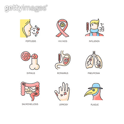 Infectious illnesses RGB color icons set. Various bacterial infections ...