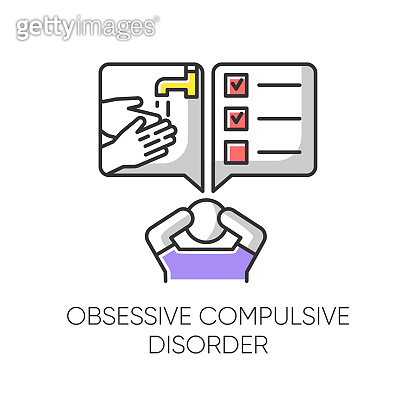Obsessive-compulsive disorder color icon. Disturbed man. Thinking under ...