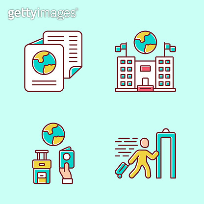 Immigration color icons set. Embassy and consulate building. Travel ...
