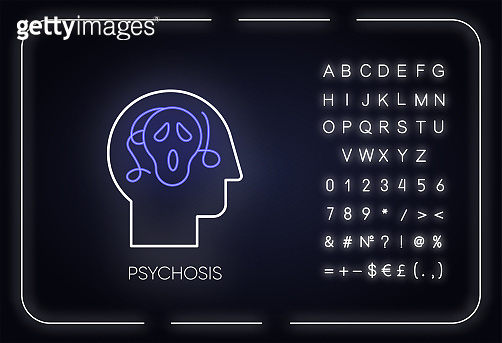 Psychosis neon light icon. Paranoid and scared person. Phobia and ...