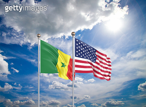 3D Illustration. USA and Senegal. Waving flags of America and Senegal ...