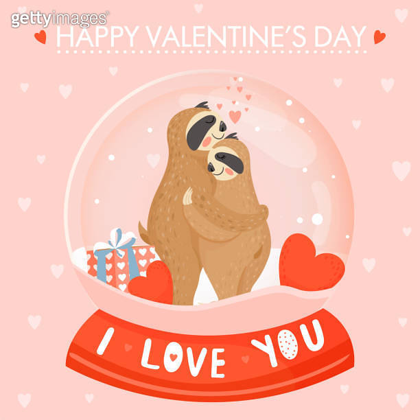 Valentine's day card with couple of cute sloths. Snow globe with happy ...