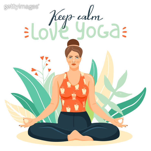 Young woman practicing yoga. Cute girl sitting in lotus posture and ...