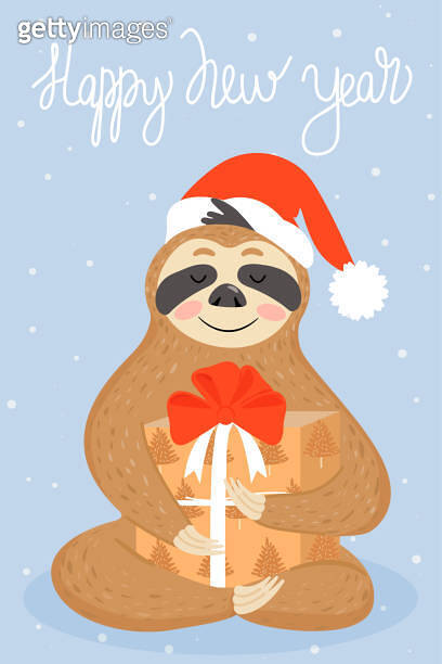 Christmas and Happy New Year card with sloth. Cute lazy sloth with gift ...