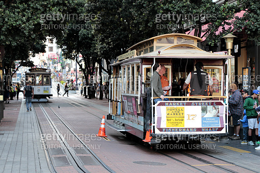Historic San Francisco Cable Car rail line through Powell St ...