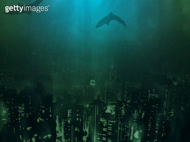 Modern city ruins on sea or ocean bottom. Apocalypse urban underwater ...