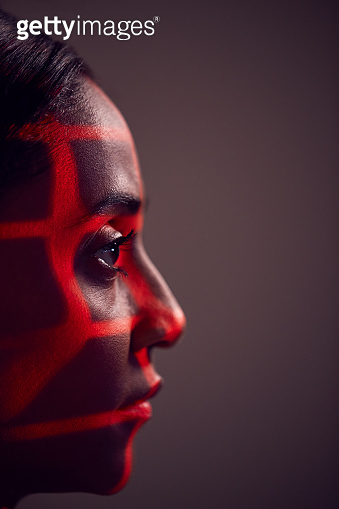 Facial Recognition Technology Concept As Woman Has Red Grid Projected ...