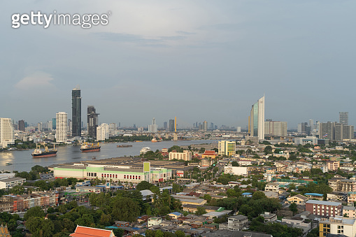 Rama 9 bridge and Kasikorn Building, with skyscraper high rise buildings in urban city, Downtown ...