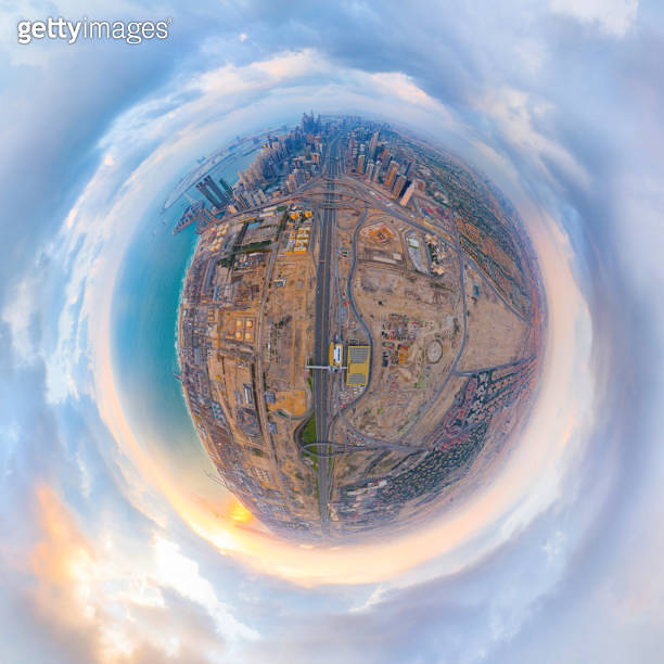 Little planet 360 degree sphere. Panorama of aerial view of Dubai ...
